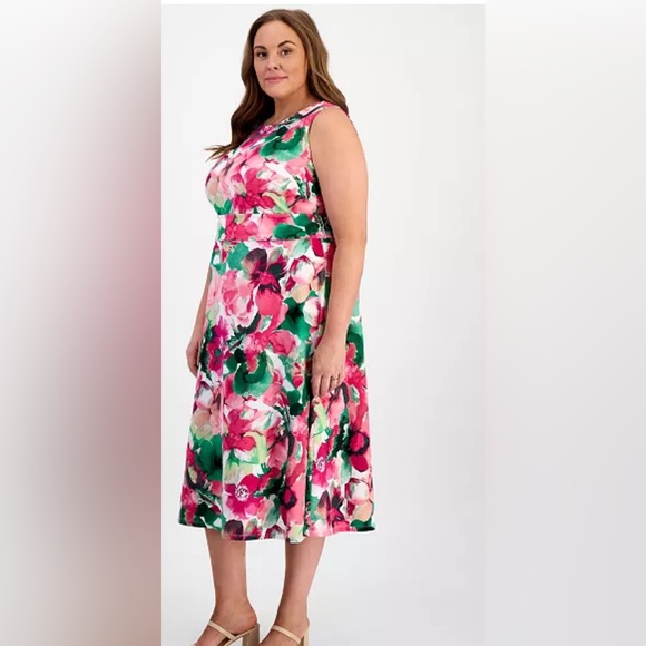 Kasper | Dresses | Kasper Floral Midi Dress Pink And Green | Poshmark